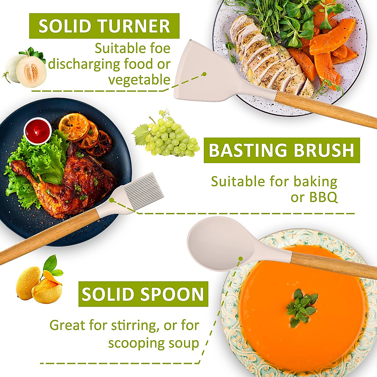 Kitchen Cooking Utensil Set, Fungun 35 pcs Cooking Utensils - Nonstick Kitchen Utensils Cookware Set Spatula Set -Kitchen Gadgets Utensils Set, Kitchen Tools Gift-khaki