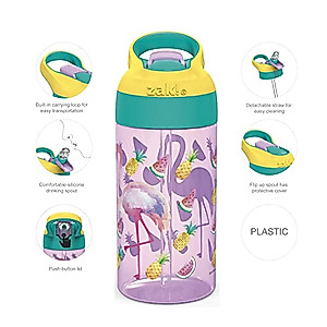 Zak Designs 16oz Riverside Desert Life Kids Water Bottle with Straw and Built in Carrying Loop Made of Durable Plastic, Leak-Proof Design for Travel, Cactus-Flamingo Pineapple, 2PK Set