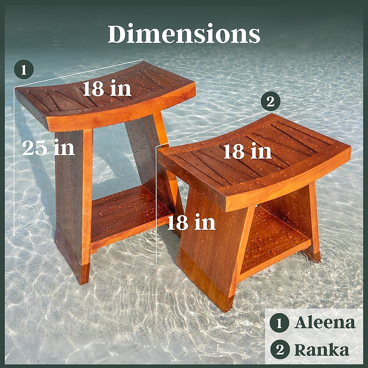 Teak Shower Bench - Fully Assembled 18 Inch Shower Stool with Shelf | Water Resistant Shower Benches for Inside Shower to Sit On | Shower Chair for Bathroom, Spa, Garden | Adjustable Non-Slip Feet