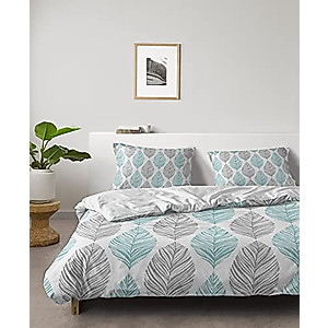 Teal Gray Leaves Texture Seamless Duvet Cover Sets 4 Piece Twin Ultra Soft Bed Quilt Cover Set for Kids/Teens/Women/Men,Feather Abstract Art White Back Bedding Collection All Season Use