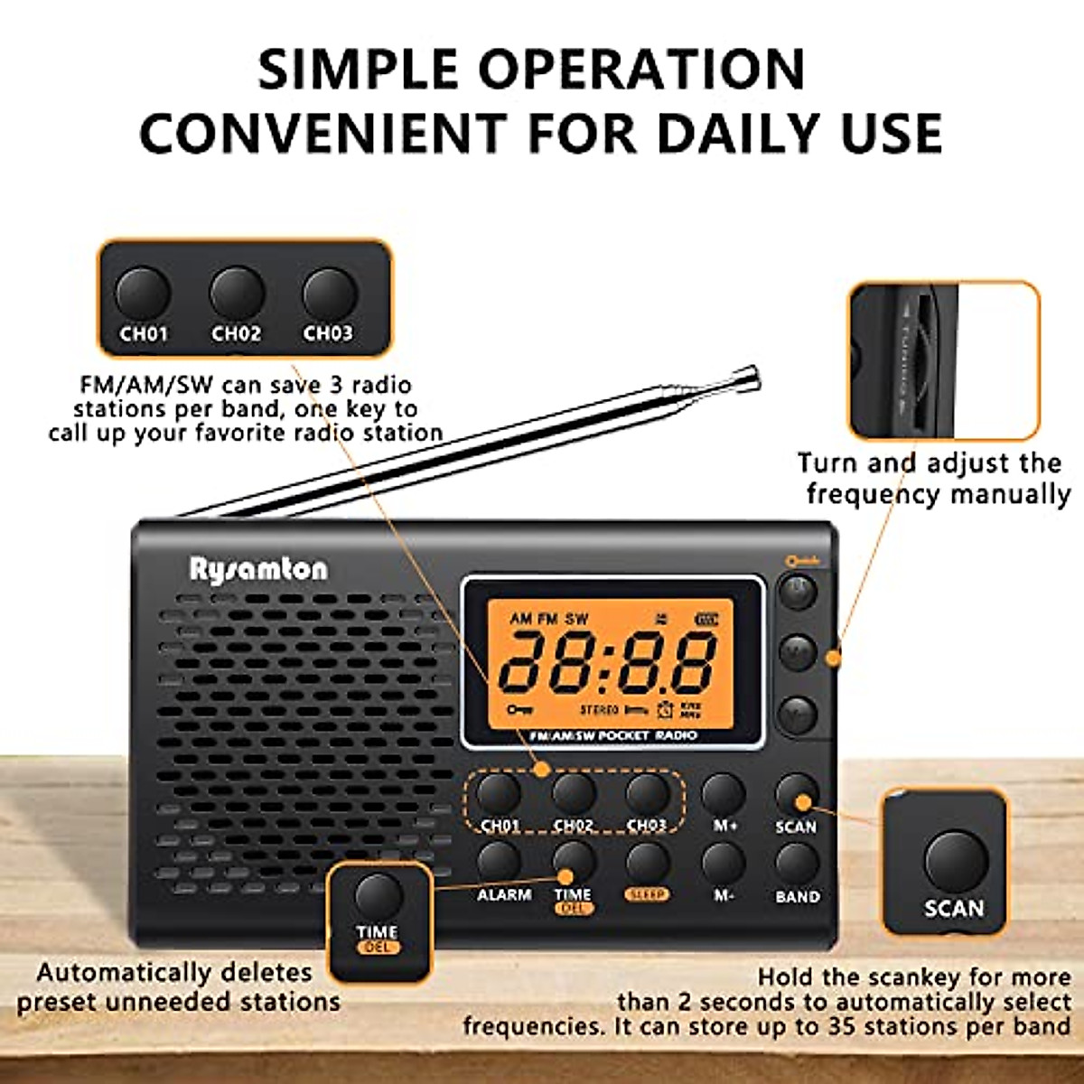 Rysamton Portable AM/FM/Shortwave Radio, Batteries Operated Pocket Radios, Large Digital Display, Clock Radio with Alarm and Sleep Function, Earphone Included