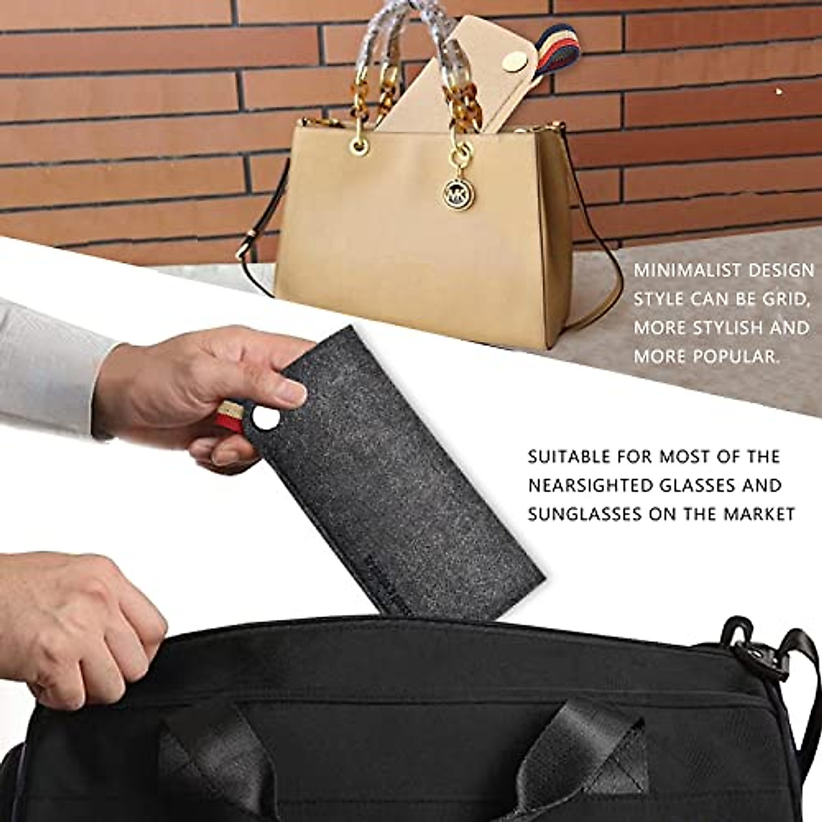 Yonput 2 PCS Thickened Felt Sunglasses Case Portable Eyeglasses Pouch Glasses Bag, Soft Felt Slip-in Pouch Case for Women Men (Black & Beige)