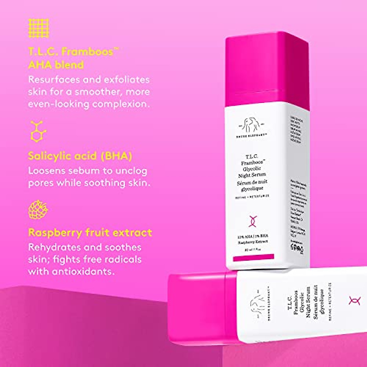 Drunk Elephant T.L.C. Framboos Glycolic Night Serum - Skin Care Brightening Night Serum. Repackaging (30 mL / 1 Fl Oz)