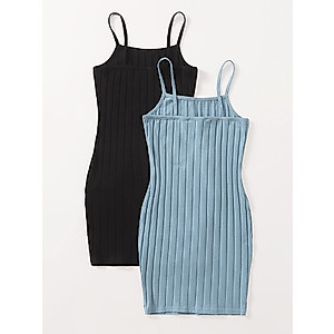 SOLY HUX Girls Summer Cami Dress Sleeveless Spaghetti Strap Rib-Knit Bodycon Slim Fit 2 Piece Dresses Black Blue 10Y