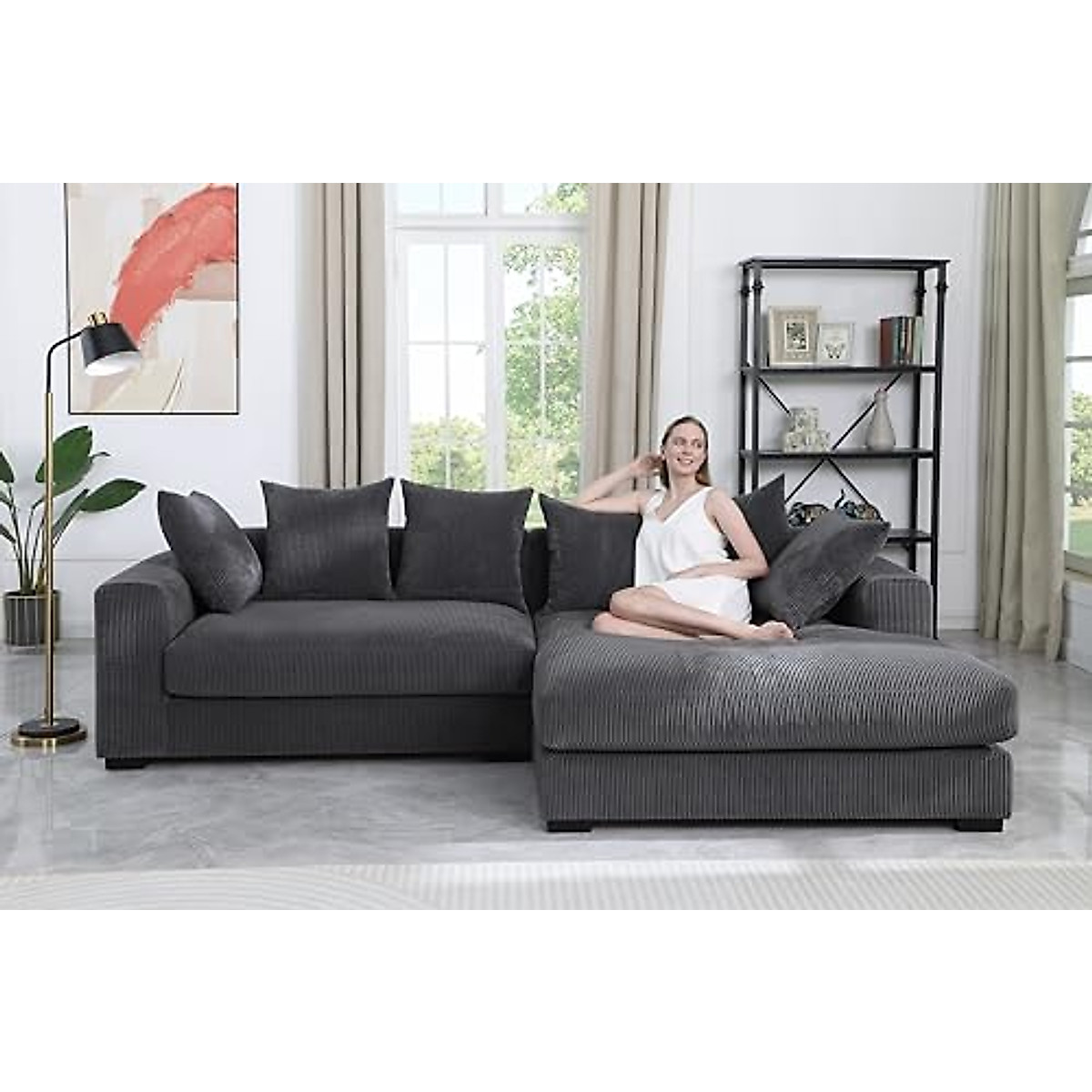 Eafurn Luxe Upholstered Right Facing Chaise Lounge Sectional Sofa in Soft Corduroy Fabric with Removable Cushions, Oversized Sleeper Couch Bed for Relaxing in Living Room or Bedroom