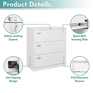 MIIIKO Lateral File Cabinet 3 Drawer, White Metal Filing Cabinet with Lock Lock for Home Office, Large Storage File Organizer for Hanging File Folders,Easy Assemble