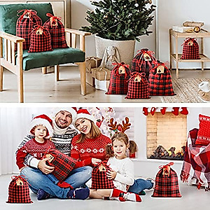 8 Pieces Xmas Plaid Drawstring Bags Fabric Present Bags Xmas Stocking Storage Sack Party Favors Xmas Bags for Christmas Party Decoration Supplies, 3 Sizes (Red and Black)