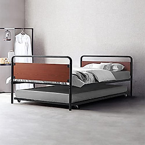 CAPHAUS Round Corner Metal Daybed Frame with Trundle, Twin Bed and Trundle Set, Mattress Foundation with Steel Slat Support and Roll Out Trundle Accommodate, Premium Steel, P2 Grade Walnut Wood Board