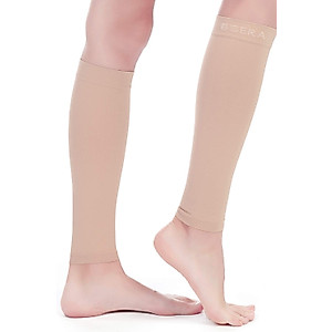 BSERA Calf Compression Sleeve Women, 2 Pairs 15-20mmHg Calf Support Footless Compression Socks Stockings for Shin Splints, Varicose Veins, Recovery (Nude/Skin, Large)