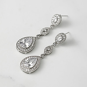 SWEETV Cubic Zirconia Teardrop Wedding Bridal Earrings for Women,Bridesmaids,Brides - Crystal Rhinestones Dangle Earrings Jewelry,Silver