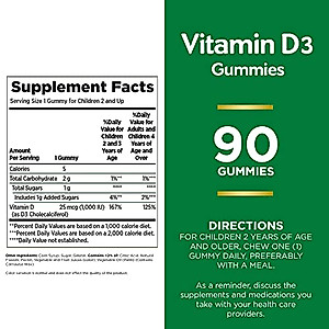 Nature's Bounty Kids Vitamin D3 Immune Health Support Gummies, Natural Strawberry, Orange & Lemon Flavored, Non GMO + Gluten Free, 90 Gummies