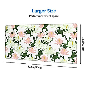 Frog and Water Lilies Gaming Mouse Pad XL,Extended Stitched Edges Mousepad,Large Mouse Pads Desk Pad,Long Non Slip Rubber Base Desk Mat for Work,Office,Home,Computer,Laptop