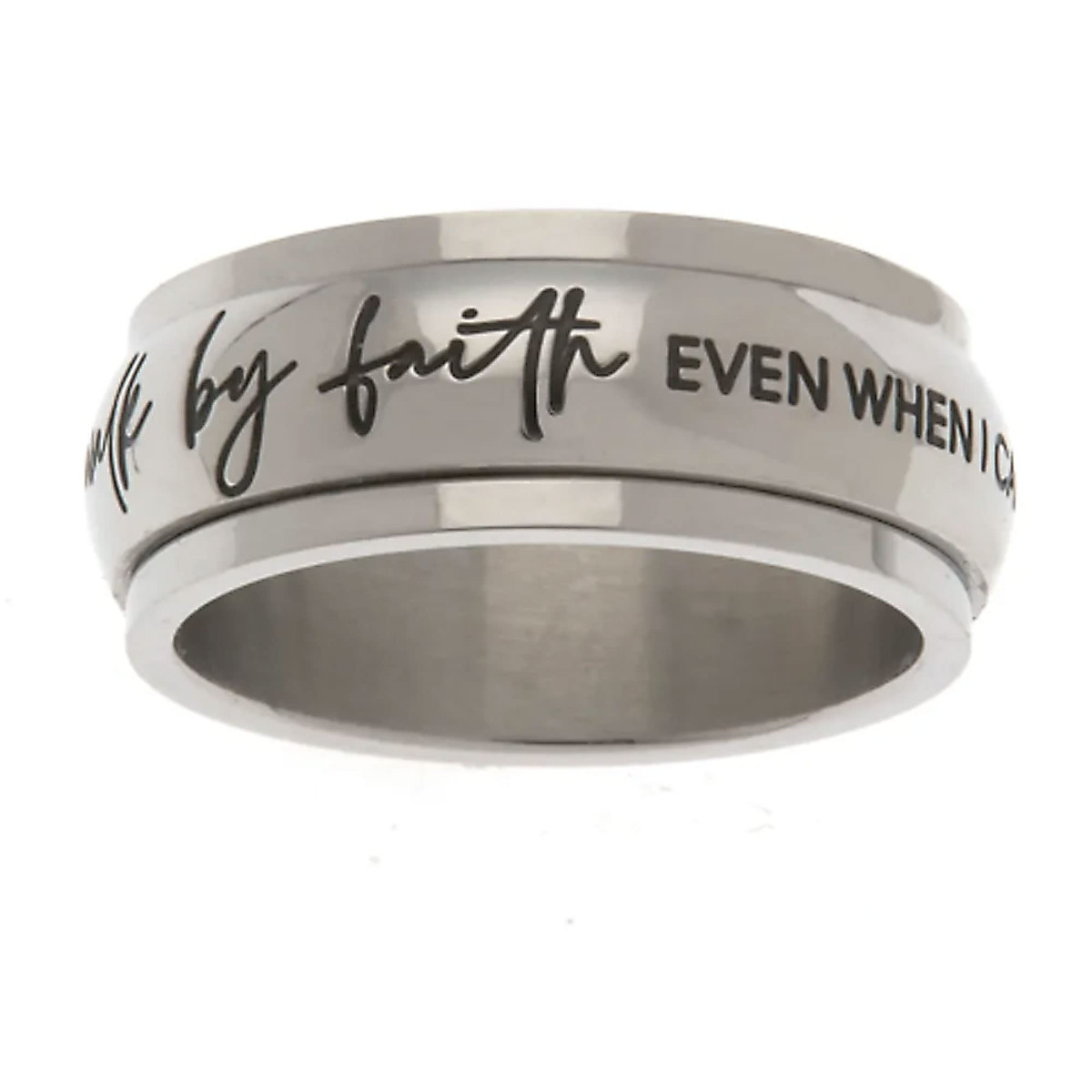 Beads & Pearls Jewelry 8mm Stainless Steel Women's Men's Inspirational Spinner Ring - I Will Walk By Faith... Religious Christian Ring