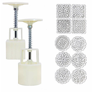 Accfore 2 Pack Mooncake Mold Press with 10 Stamps,Round Flower and Square Flower Decoration Tools for Moon Cake Baking DIY Cookie Stamps Pastry Biscuit Desser