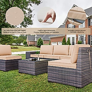Grezone Patio Outdoor Furniture Sets with Fire Pit Table 7 Piece All Weather Wicker Conversation Sectional Sofa Couch Lawn Sectional Furniture with Washable Couch Cushions and Wicker Table, Beige