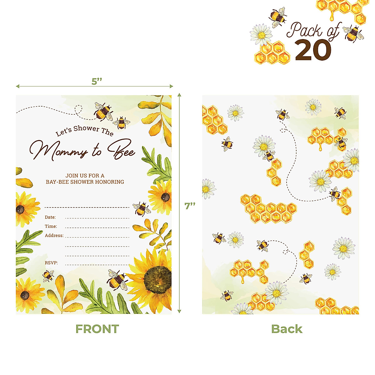 Joyful Toys Bee Baby Shower Invitations Set - Pack of 20 | Fill or Write In Blank Card with Diaper Raffle and Book Request Cards With Envelopes, Bumblebee Themed Party Supplies