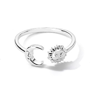 DOCCESTU Ring for Women Gold Plating Stainless Steel Moon Adjustable Wrap Open Rings Sun and Moon Ring Silver Crescent Moon Sun Rings for Women Teens Lovers Jewelry Gifts