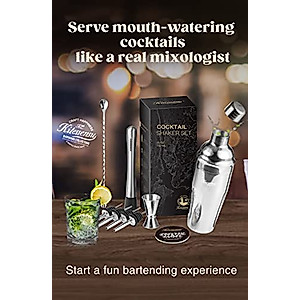 Cocktail Shaker Set | KITESSENSU Drink Mixer | 10-Piece Bartender Kit: 24 Ounce Margarita Shaker, Double Jigger, Muddler, 4 Liquor Pourers, Alcohol Mixer Spoon, Velvet Bag, Recipes Booklet - Silver