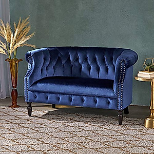 Christopher Knight Home Milani Tufted Scroll Arm Velvet Loveseat, Navy Blue / Dark Brown