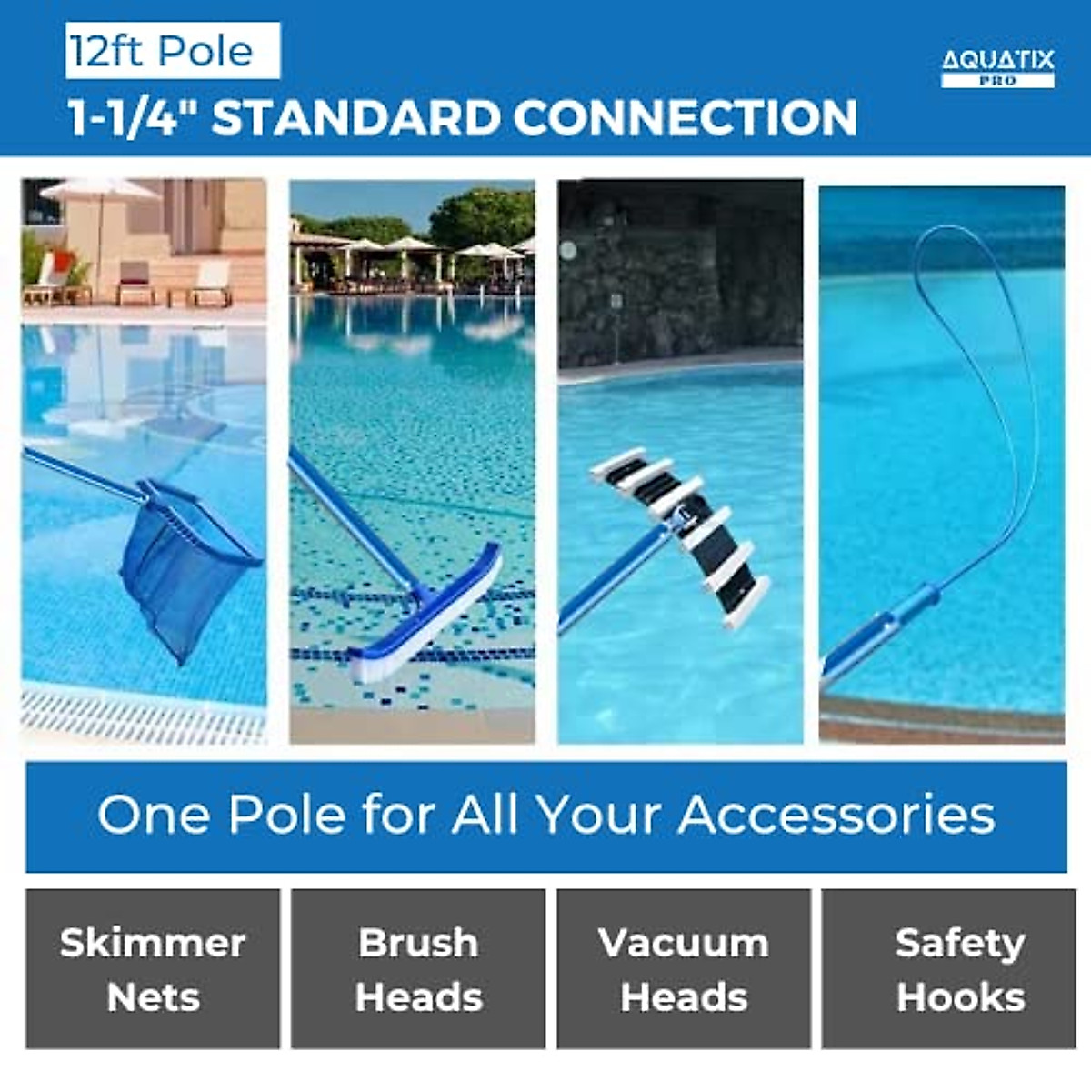 Aquatix Pro Swimming Pool Pole, 12 Foot, 1.3mm Commercial Thickness, Strong Holding Power, 3 Section 4-12ft Extendable Aluminium Telescopic Pole for Skimmer Nets, Vacuum Heads, Brushes, Grip & Lock