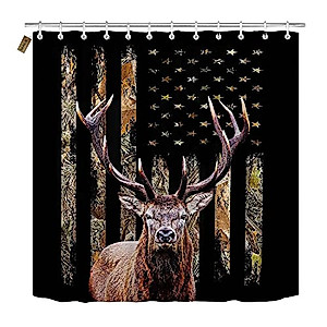 SKAILIÉ 4PCS Deer Shower Curtain Set, Camo Camouflage Black American Flag Moose Elk Woodland Animal Hunting Lodge Cabin Country Rustic Farmhouse Bathroom Decor Fabric Shower Curtain, Non-slip Bath Mat