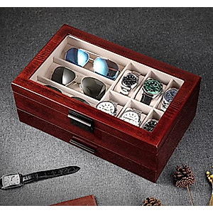 LANDICI Jewelry Box Watch Boxes Organizer for Men Women Gift,Wooden Jewellery Box with Glass Top Display,2 Layer Large 6 Slot Sunglasses Case Holder for Ring Earrings Necklace Bracelet,Walnut Wood