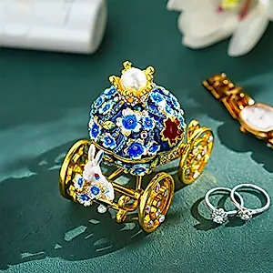 YU FENG 3'' Hand Painted Enamel Pumpkin Carriage Trinket Box With Bunny Flowers Hinged Jewelry Organizer with Crystals Ring Earrings Storage Home Decor Figurine Keepsake Collectible