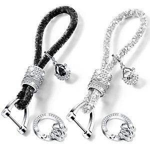 Crystal Bling Car Keychain for Women Glitter Rhinestone Keychain Ring Strap Keychain Accessories Car Key Decorations, Black, White, Large