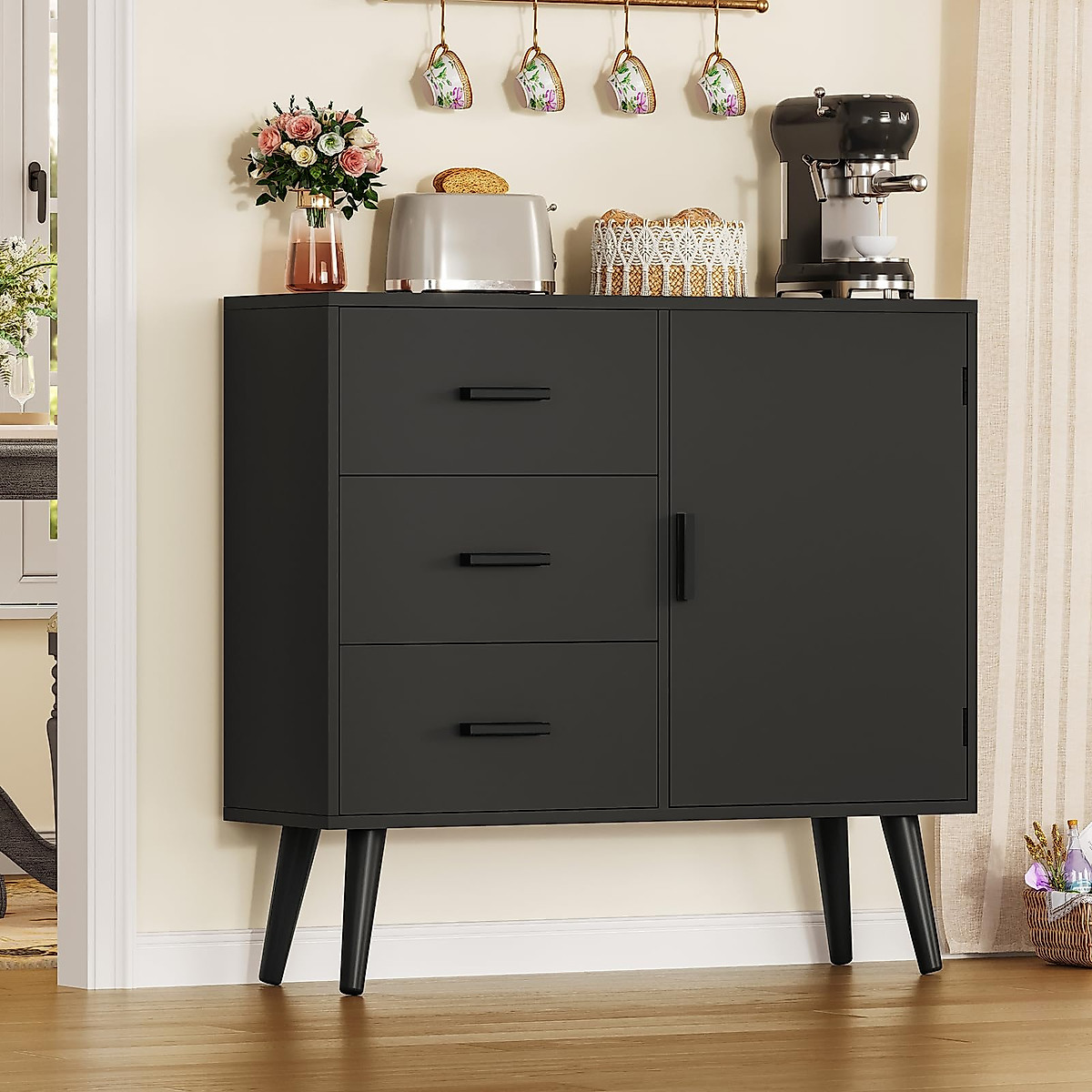 Iwell Black Storage Cabinet with 3 Drawers & Adjustable Shelf, Sideboard Buffet Cabinet, Entryway Cabinet, for Living Room, Dining Room, Black