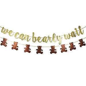 We Can Bearly Wait Glitter Banner, Baby Shower Decorations, Gender Reveal Party Supplies for Teddy Bear Theme Garland (Gold and Brown)
