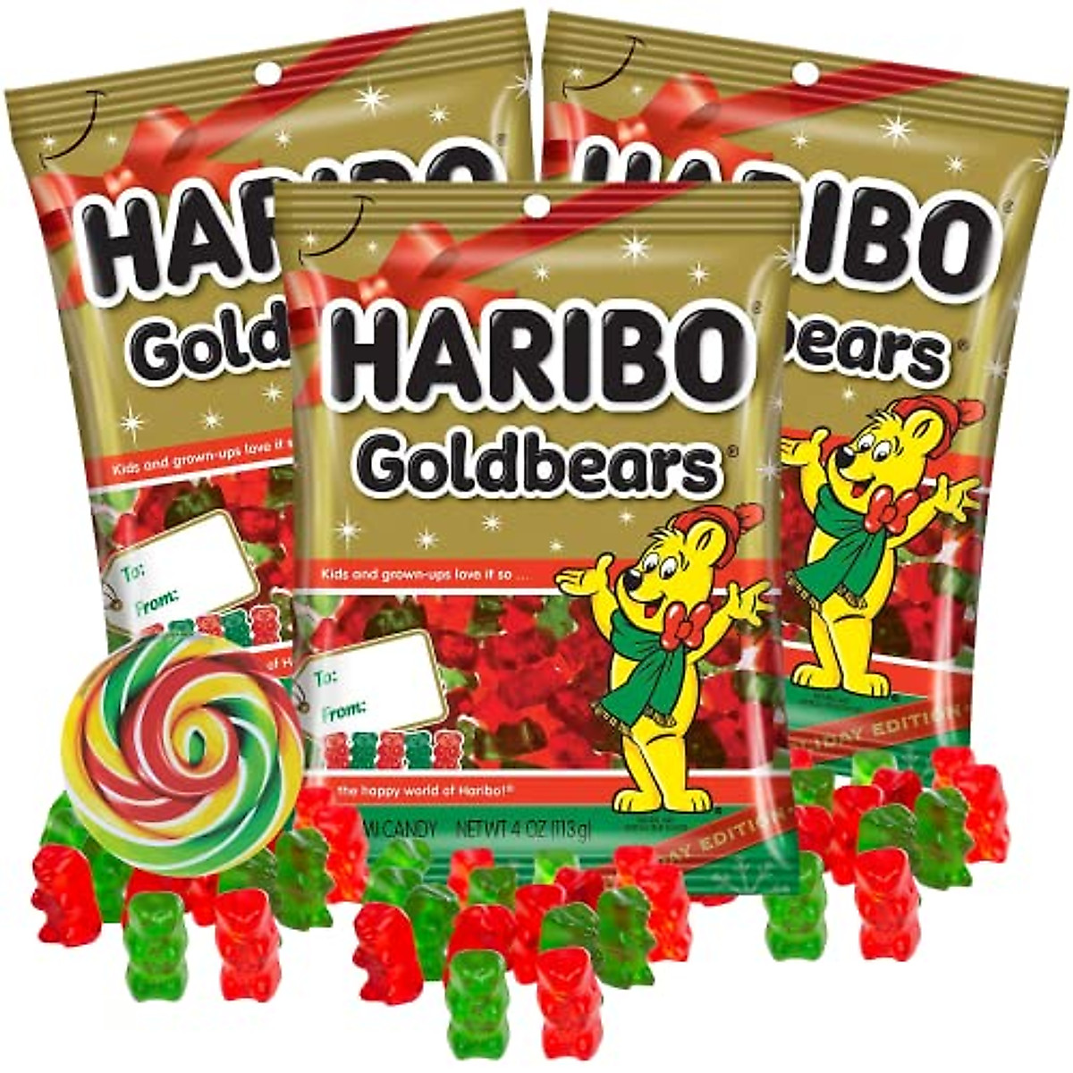 Limited Edition Christmas Haribo Goldbears, Assorted Fruit Flavored Gummy Bears, Holiday Themed Chewy Candies for Stocking Stuffers or Gifts, 3 Pack