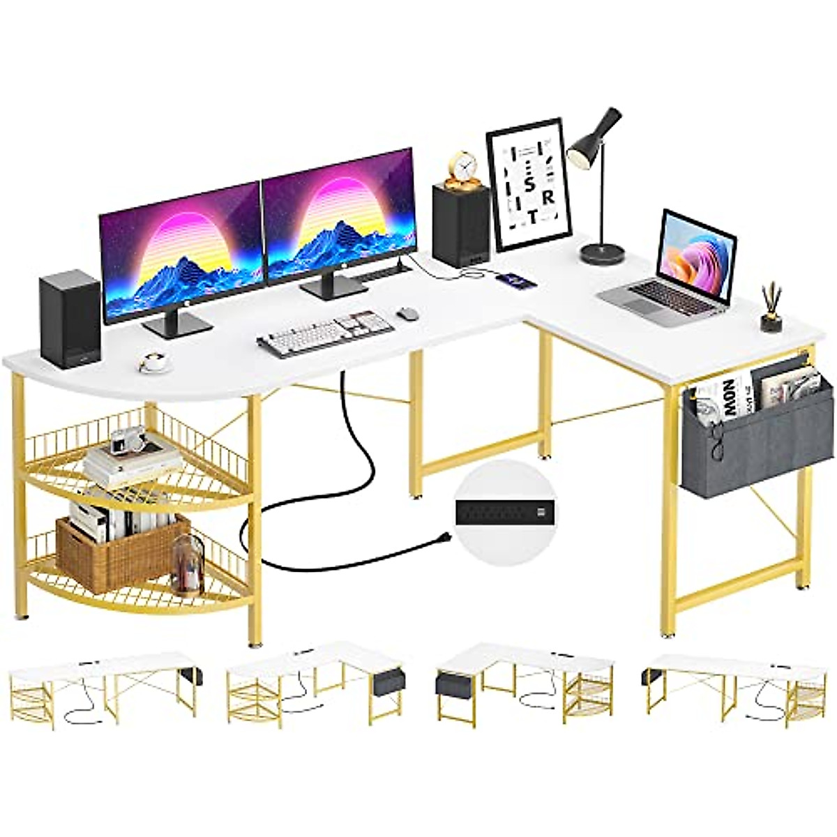 Unikito L Shaped Desk with Power Outlet, 98.4" Reversible Corner Computer Table with Storage Shelves and Bag, Modern 2 Person Large Long Desk for Home Office Writing Study Workstation, White