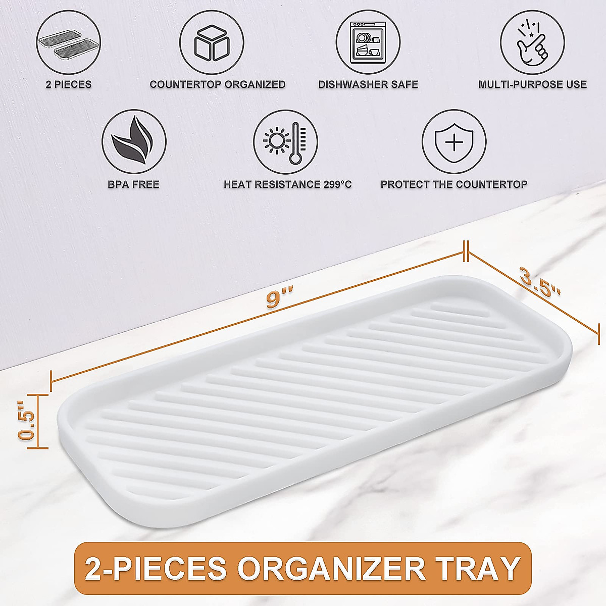 HvOvMvE Silicone Organizer Tray, Soap and Sponge Holder for Kitchen Sink, Bathroom - Storage Tray for Dish Brush, Soap Dispenser, Dishwashing Accessories- 2 Pack White