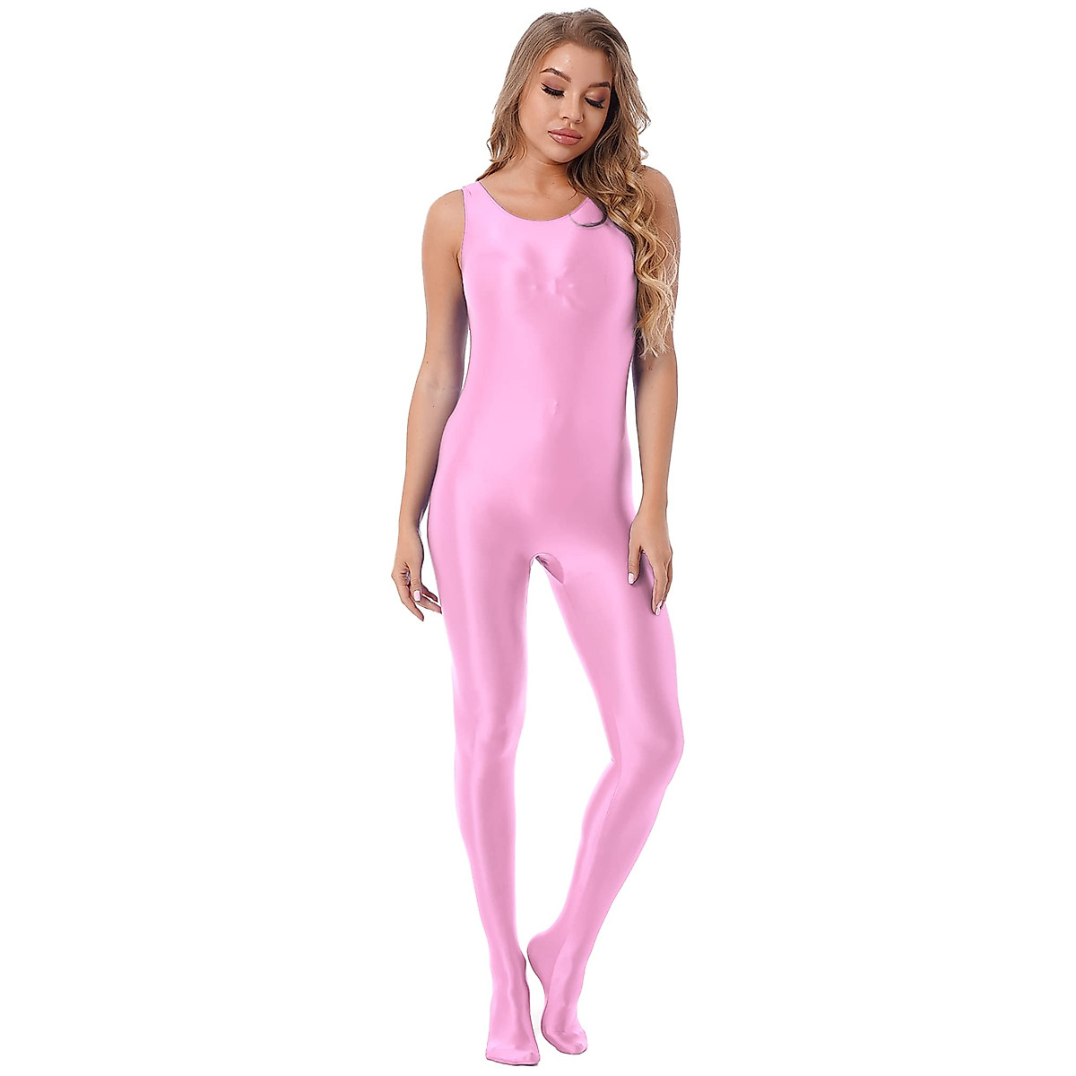 Manyakai Women Glossy Athletic Sleeveless Tank Full Body Leotard Gymnastics Bodysuit Workout Yoga Costume Pink Medium