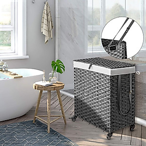 Greenstell Laundry Hamper with Wheels, No Install Needed, 110L Divided Handwoven Hampers & 2 Removable Liner Bags, Rattan Clothes Laundry Basket with Lid & Handles, Foldable Hampers Gray 22x13x26.4 In