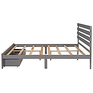 Queen Size Wood Platform Bed Frame with 2 Storage Drawers, Modern Classic Platform Bed with Headboard, Wood Slats Support, No Box Springs Needed for Bedroom Girls Boys (Grey)