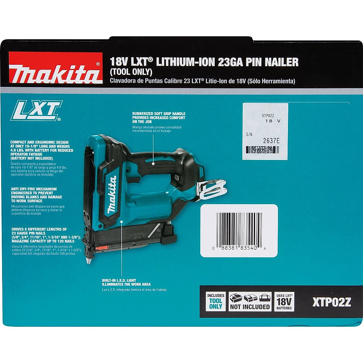 Makita XTP02Z 18V LXT Lithium-Ion Cordless 1-3/8" Pin Nailer, 23 Gauge, Tool Only