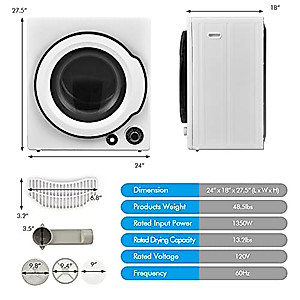 PETSITE Compact Laundry Dryer, Electric Portable Clothes Dryers With Stainless Steel Drum & Exhaust Pipe, 13.2 lbs Capacity, 5 Drying Modes for Apartments, Home, Dorm, 1350W, White