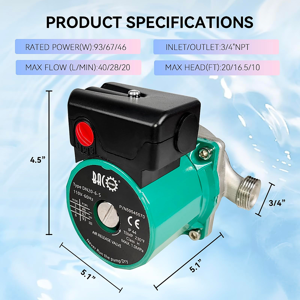 BACOENG Hot Water Recirculating Pump, Water Circulator Pump, 3/4" NPT 110V Automatic Circulating Pump Stainless Steel Head For Solar Heater (US Plug)