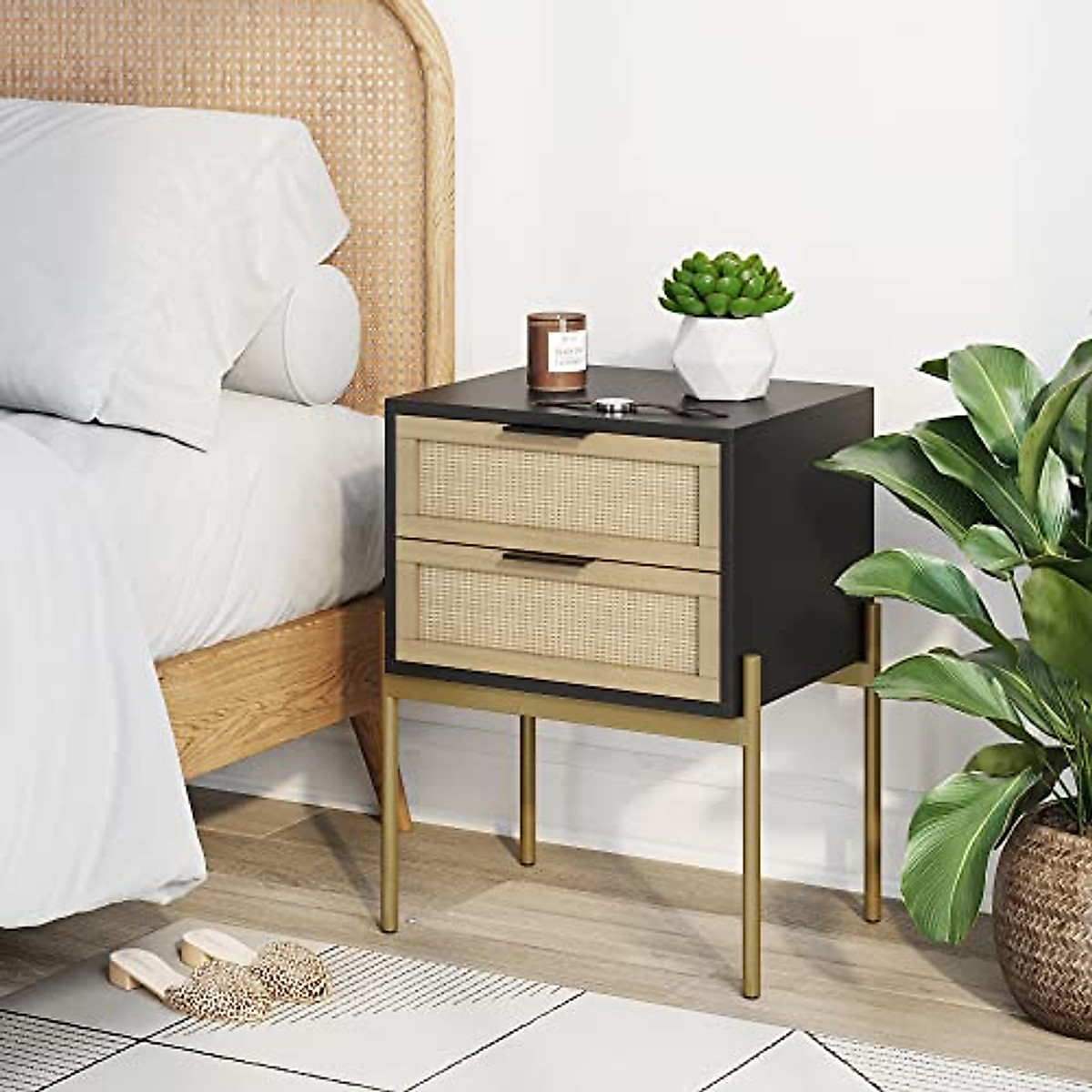 Nathan James Andrew Nightstand, Accent Bedside End Side Table with Storage Drawer, and Mid-Century Modern Legs for Living Room or Bedroom, 1, Black/Cane/Gold