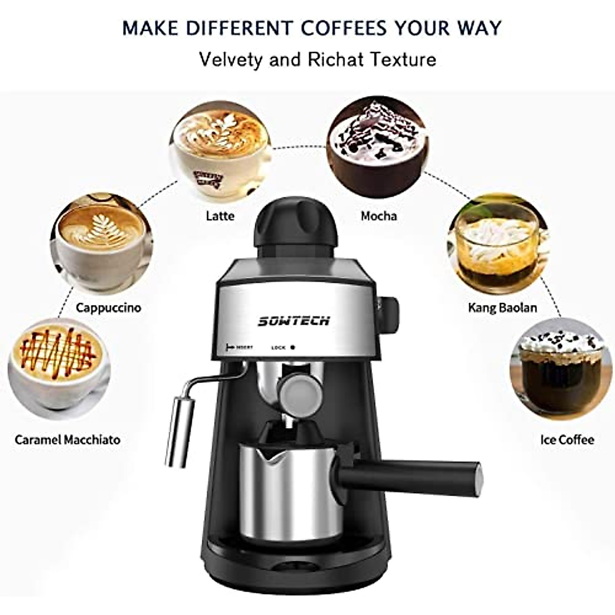 SOWTECH Steam Espresso Machine Espresso Maker Cappuccino Latte Machine with Steam Milk Frother and Mug 3.5 Bar 4 Cup