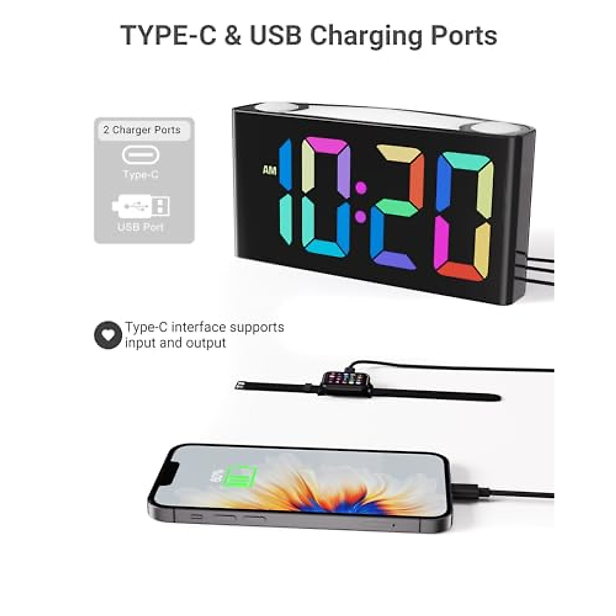 Vibrating Alarm Clock with Bed Shaker : 10 Dynamic Display RGB Clock, 8 Night Light, Brightness Dimmable Loud Alarm Clock for Heavy Sleepers Adults/Kids/Teens