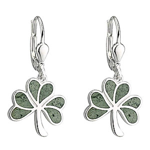 Biddy Murphy, Classic Irish Shamrock Sterling Silver Earrings for Women, Elegant Green Connemara Marble Inlay Stone Detailing, Three Leaf Clover Celtic Jewelry, Made in Ireland