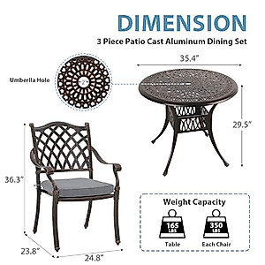JOIVI 3 Piece Patio Furniture Dining Set, Cast Aluminum Outdoor Dining Chairs and Table Set with Umbrella Hole, Stackable Chairs, Antique Bronze Patio Bistro Set for Balcony, Lawn, Garden, Backyard