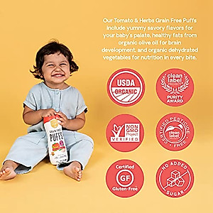 Serenity Kids 6+ Months Grain Free Puffs Toddler & Baby Snack | No Added Sugar, Gluten & Rice Free, Allergen Free | Made with Organic Cassava, Veggies, and Herbs | Tomato & Herbs | 6 Count