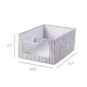 2 Pack Open Storage Bins, Washable & Visible Closet Clothing Organizer with Window. Foldable Fabric Baskets for Clothes, Towel, DVD, Book (Large White stripe)