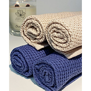 JuliaNa Home and Decor Waffle Weave Kitchen Towels, 100% Cotton, Set of 4 Cloths for Washing Dishes, Kitchen Dish Towels 12x12 Inches, Cream White and Blue