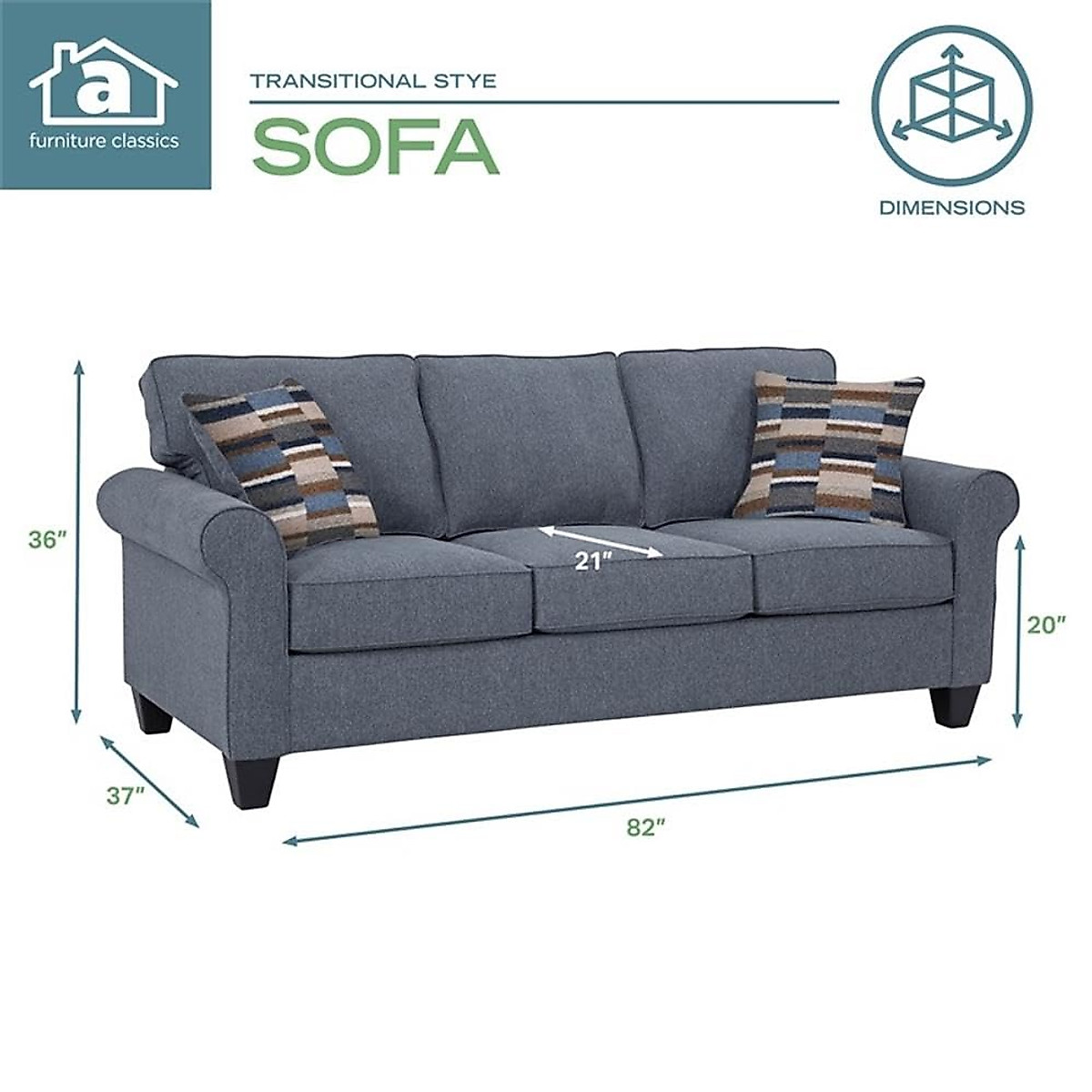 American Furniture Classics Model 8-010-A330V22 Eureka Rolled Arm Two Pillows Sofas, Blue