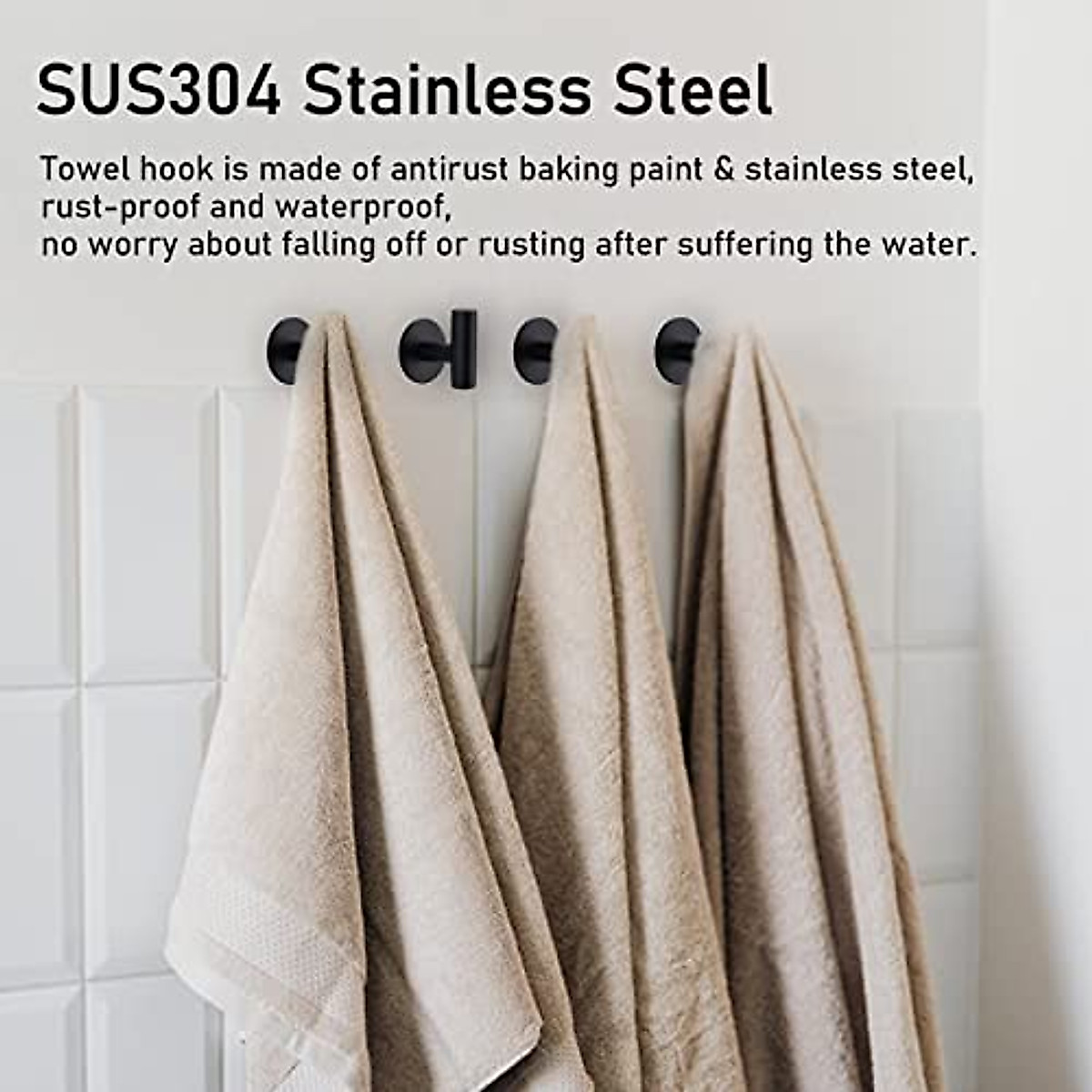 Towel Hook for Bathrooms Adhesive 2 Packs, Coat Hooks for Hanging Clothes, Heavy Duty Robe Towel Hangers for Shower Door Wall Mounted, Key Holder Wall Command Hook for Kitchen (Matte Black)