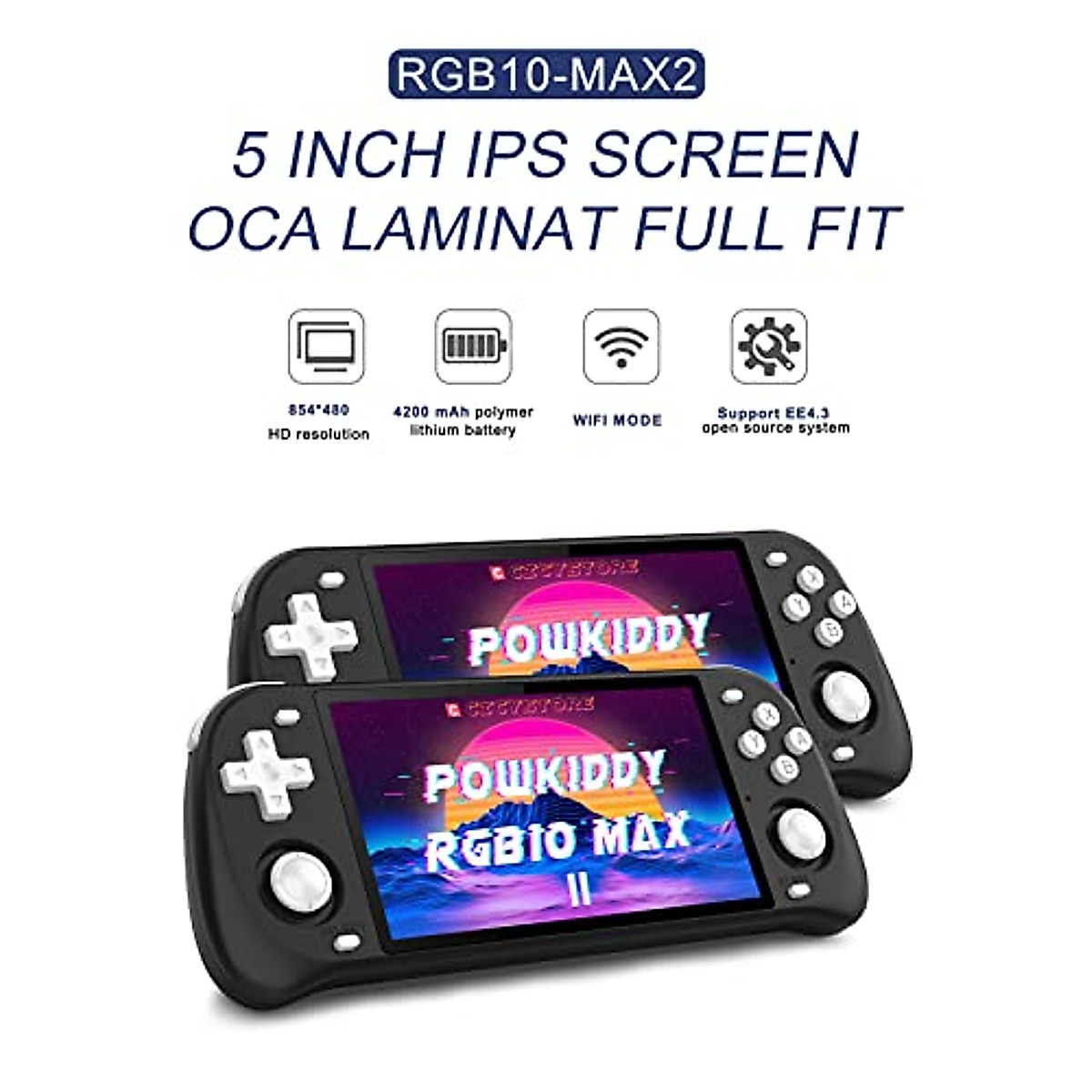 Powkiddy RGB10 MAX 2 Handheld Game Console, 5-Inch IPS Screen, 30000+ Retro Games, 4200mAh Battery, RK3326 Chip, Two-Player Online Games
